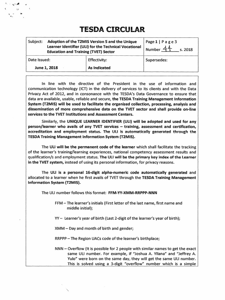 TESDA ULI Adoption and T2MIS Guidelines | PDF | Computing