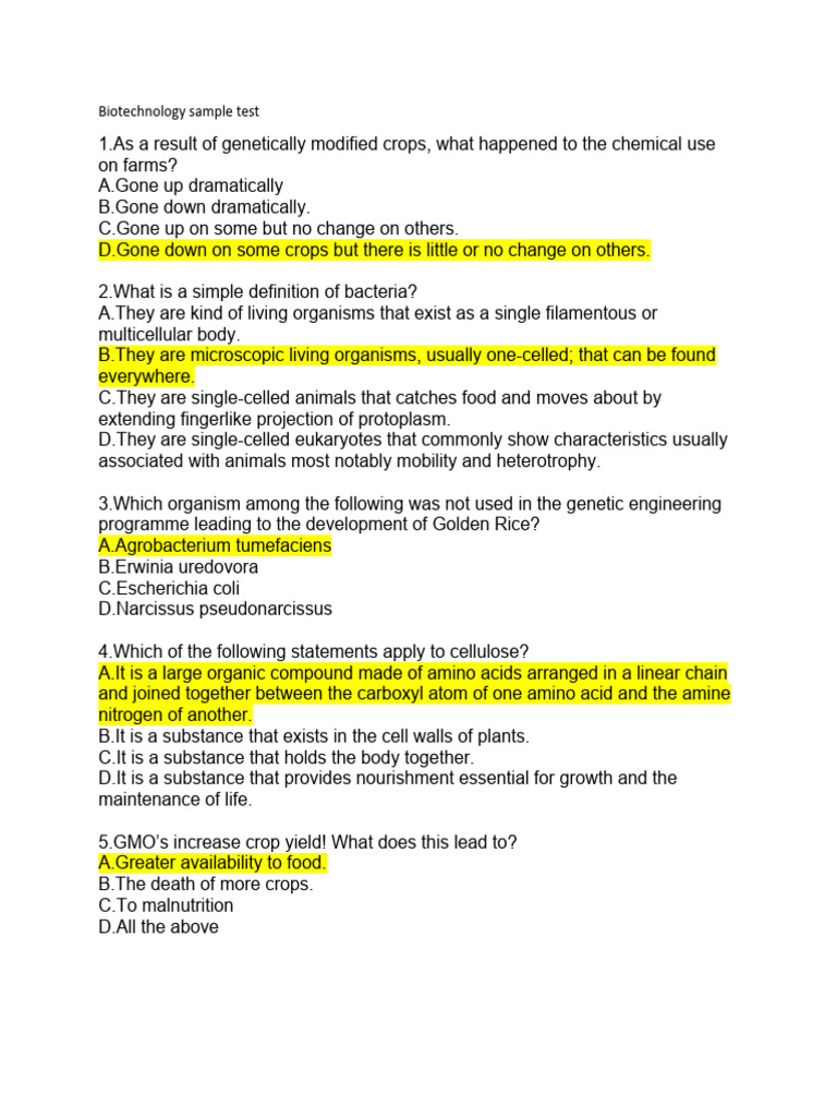 Biotechnology Sample Test | PDF | Genetically Modified Organism ...