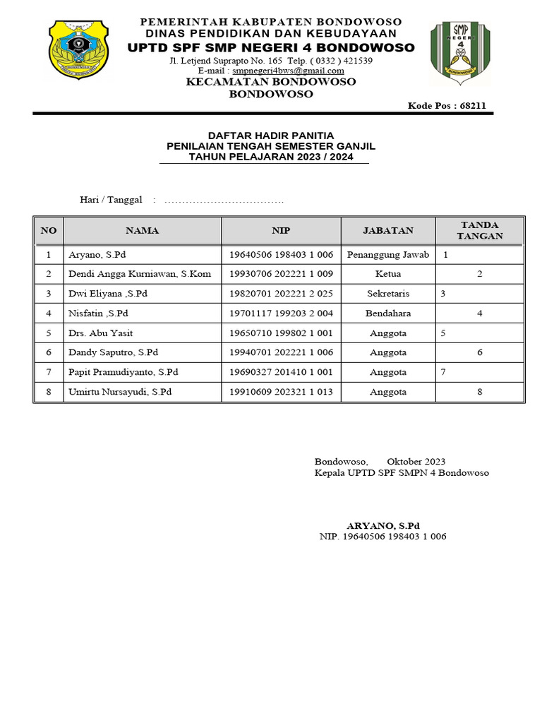 Daftar Hadir Panitia PTS Kelas Ix | PDF