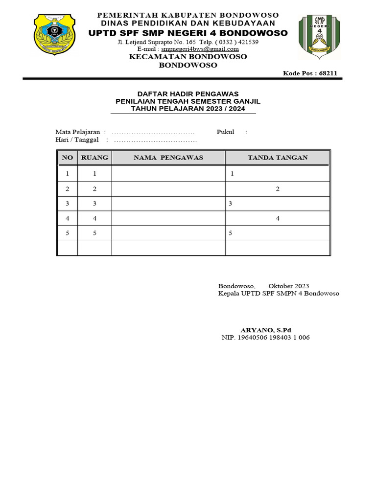 Daftar Hadir Pengawas PTS Kelas Ix | PDF