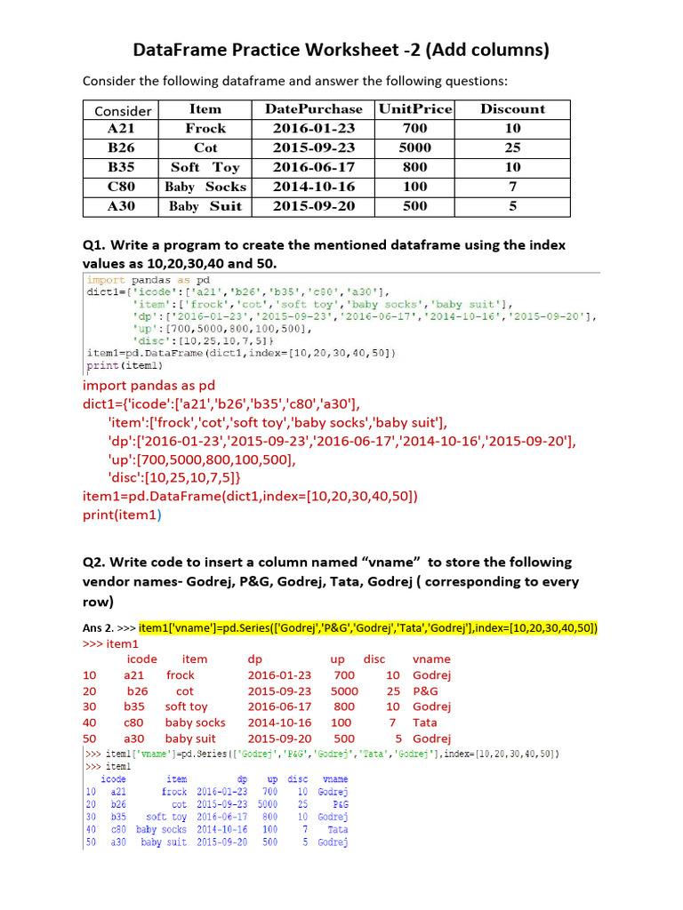 Dataframe+wrkst+-2+ (+with+solutions) Add | PDF | Computer Programming | Computing