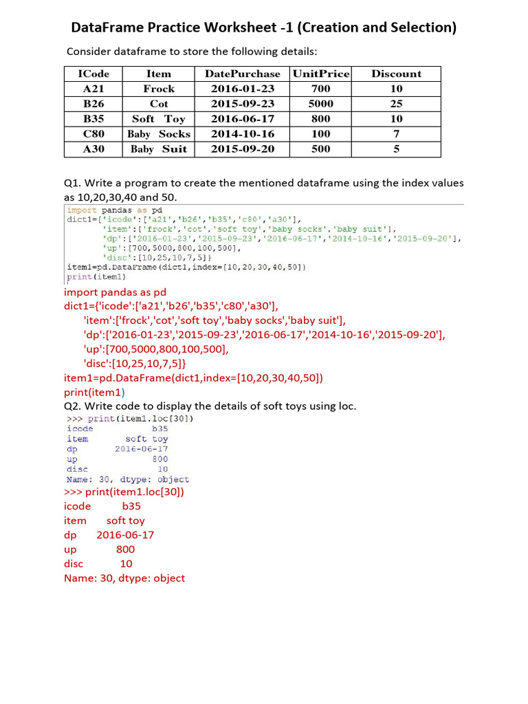 Dataframe WRKST - 1 (With Solutions) Xii | PDF