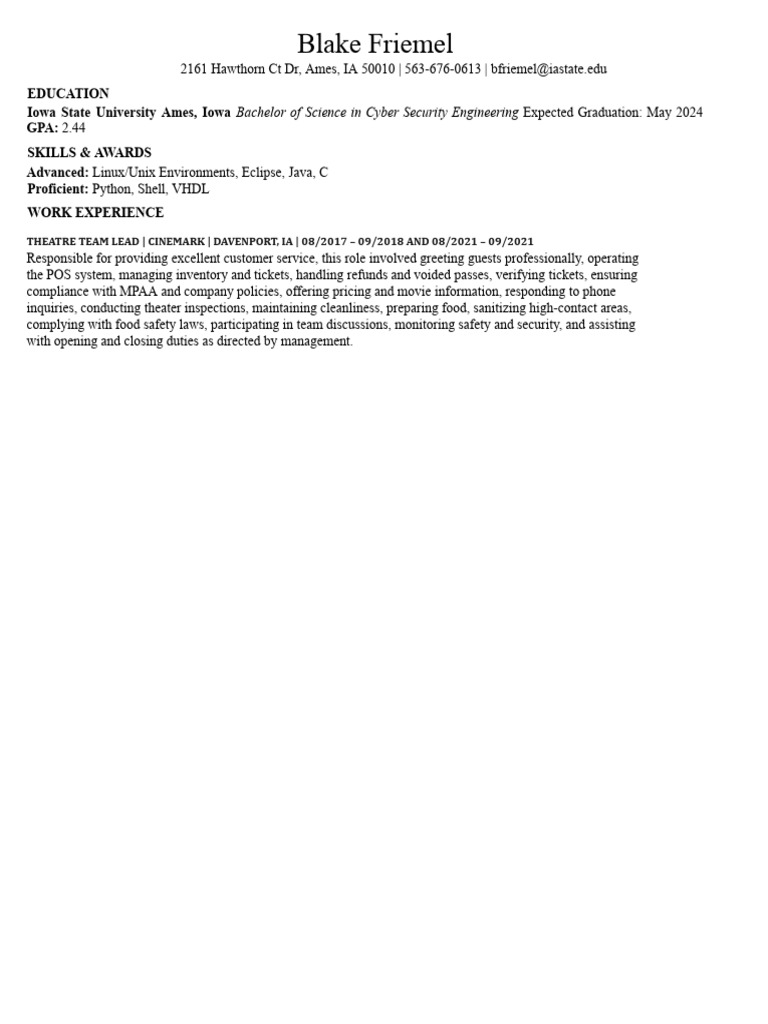 Blake Friemel Resume | PDF