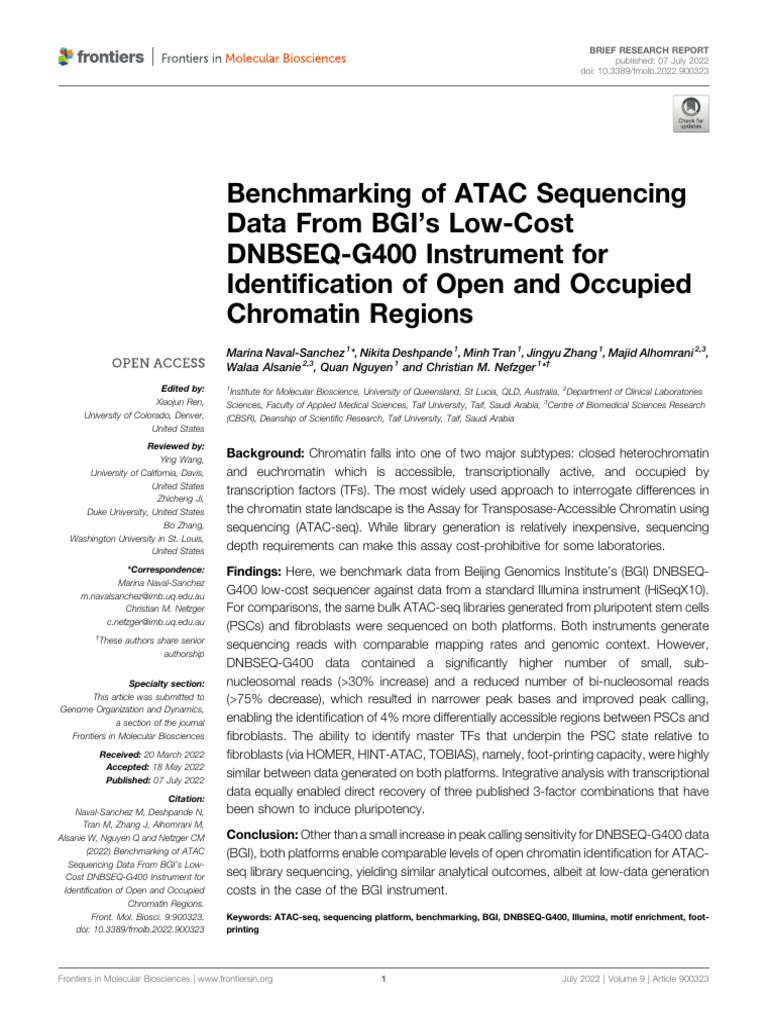 Benchmarking of ATAC Sequencing Data From BGI's Low-Cost DNBSEQ-G400 Instrument 2022 | PDF ...