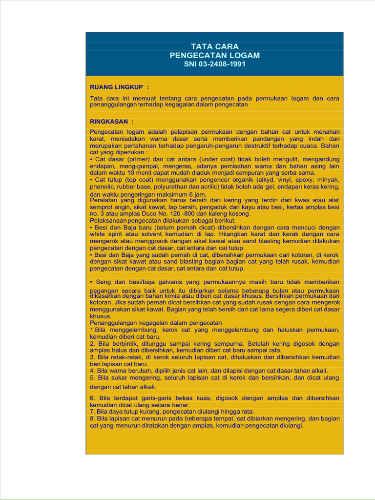 Tata Cara Pengecatan Logam SNI 03-2408-1991 | PDF