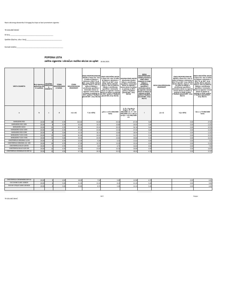 1 Popisna Lista Zaliha Cigareta I Obracun Razlike Akcize Za Uplatu Na ...