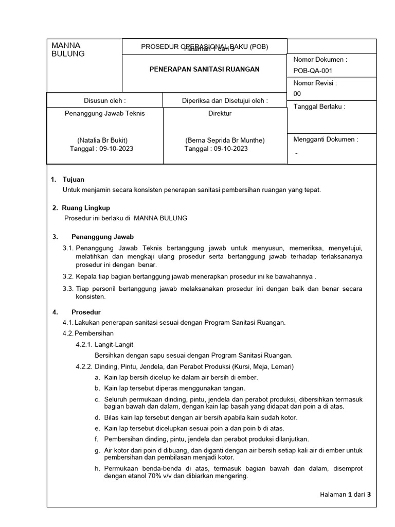 POB-QA-001 Rev 00 Sanitasi Ruangan | PDF