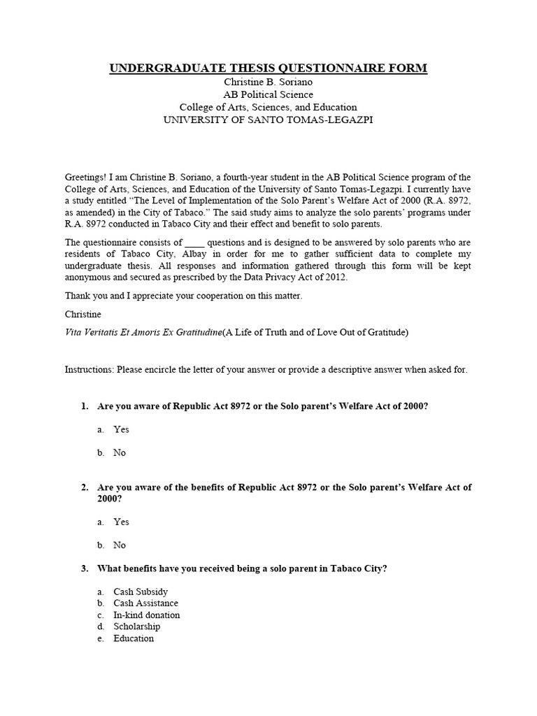Undergraduate Thesis Questionnaire Form Soriano | PDF