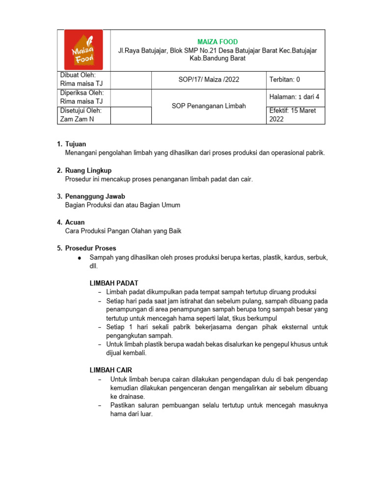 SOP Penanganan Limbah | PDF