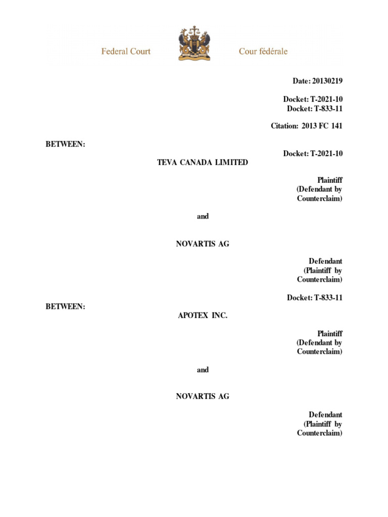 Novartis Patent Dispute: Teva vs. Apotex | PDF | Law