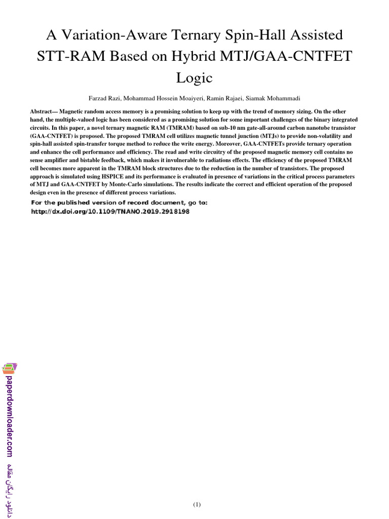 Ternary STT-RAM with Hybrid MTJ/CNTFET | PDF | Optical Fiber | Laser