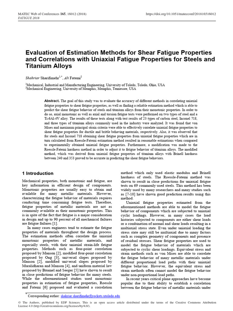 Shear Fatigue Properties in Steels & Alloys | PDF | Fatigue (Material ...