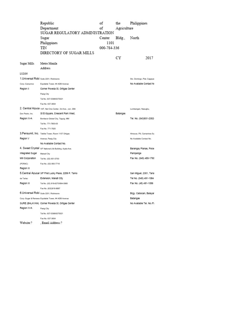 Directory of Sugar Mills Cy 2017 2018 | PDF | Fax