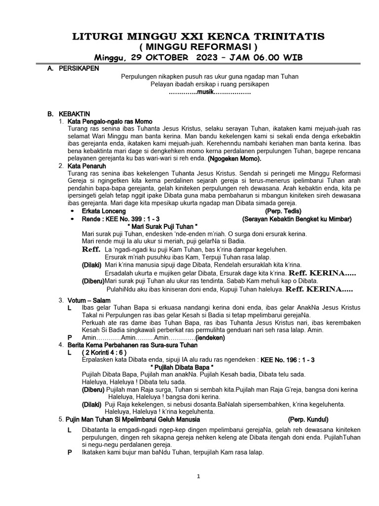 Liturgi Minggu Xxi Kenca Trinitatis (Reformasi), 29-10-2023, Karo, Ben, Ok | PDF | Seni ...