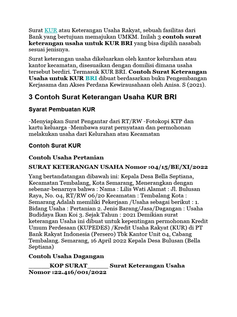 Surat KUR Atau Keterangan Usaha Rakyat | PDF | Pengelolaan Keuangan & Uang