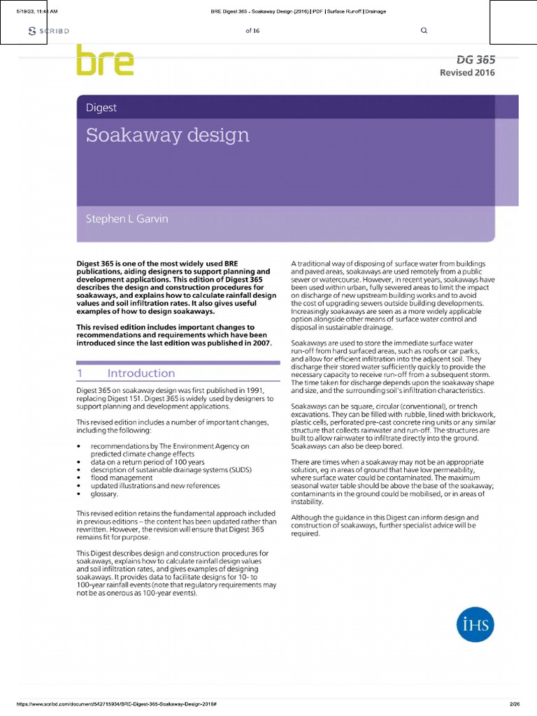 BRE Digest 365 - Soakaway Design (2016) | PDF