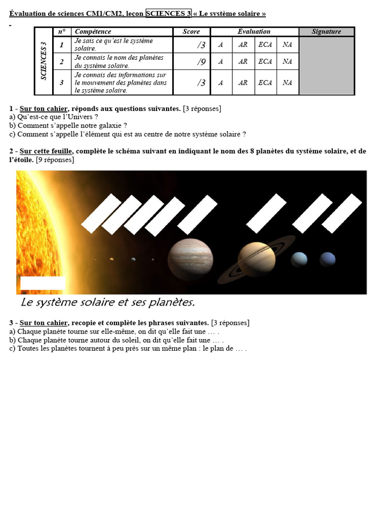 Évaluation du système solaire CM1/CM2 | PDF | Planètes | Soleil