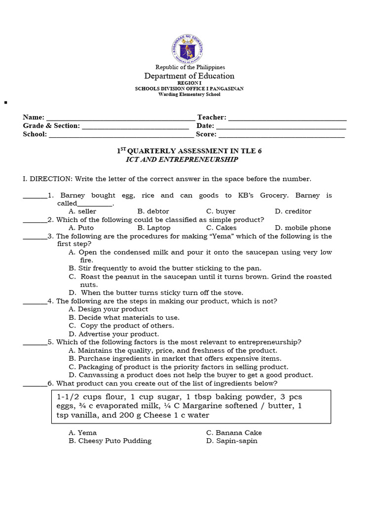 Grade 6 TQ in Tle 1st Quarter | PDF