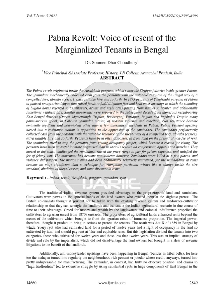 Pabna Revolt Voice of Resent of The Marginalized Tenants in Bengal ...