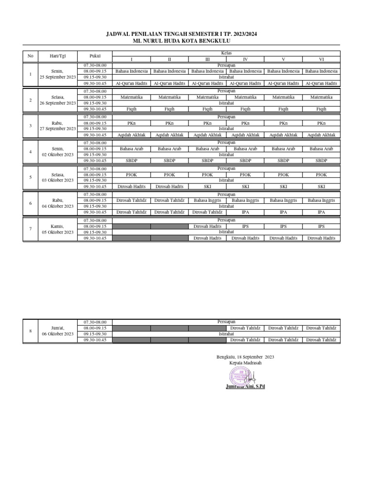 Jadwal PTS Semester I Tp. 2023-2024 | PDF