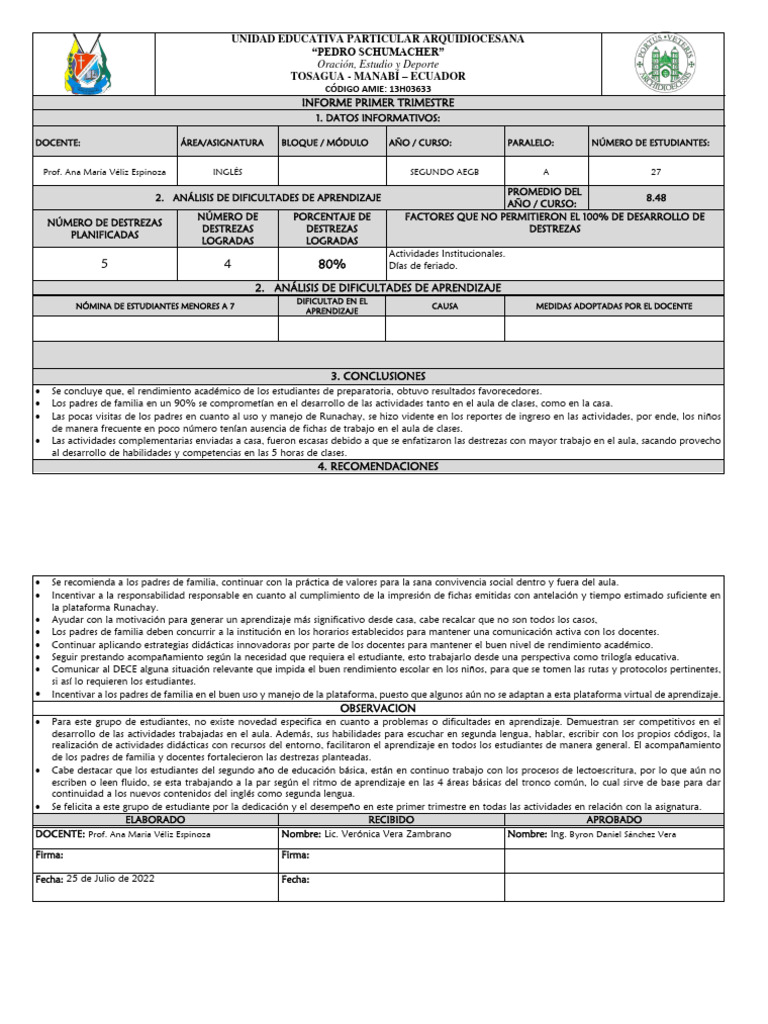 Informe Trimestral Segundo Año | Descargar gratis PDF | Enseñando | Aprendizaje