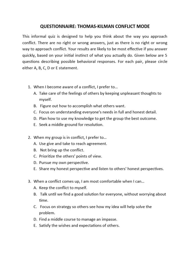 Thomas Kilmann Questionnaire | PDF | Thought | Psychological Concepts