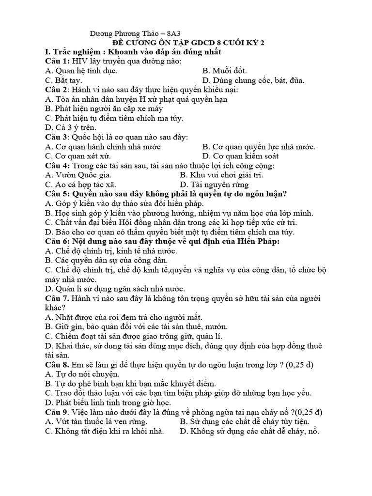 ĐỀ CƯƠNG ÔN TẬP GDCD 8 CUỐI KỲ 2 | PDF
