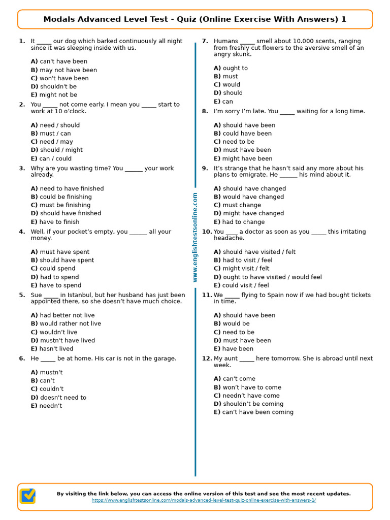 327 Modals Advanced Level Test Quiz Online Exercise With Answers 1 | PDF