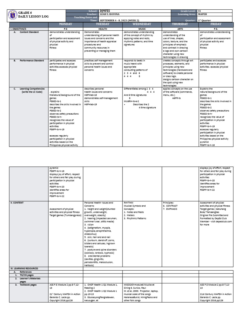 DLL - Mapeh 6 - Q1 - W2 | PDF