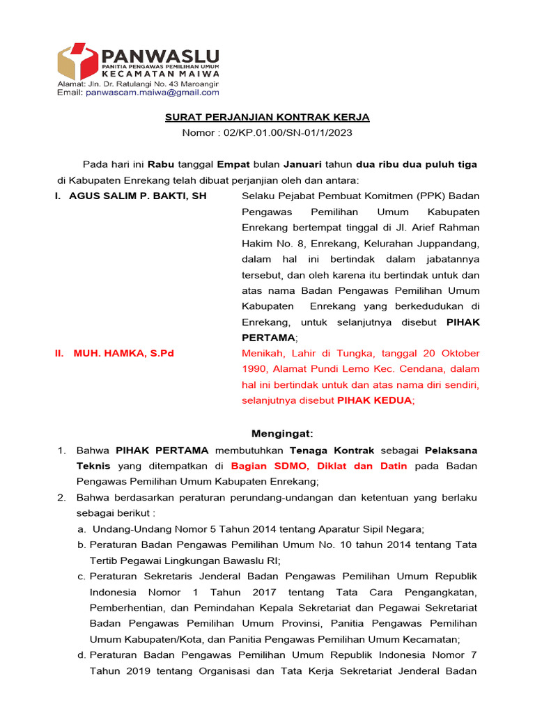 Contoh File SPK PPNPN Kecamtan | PDF