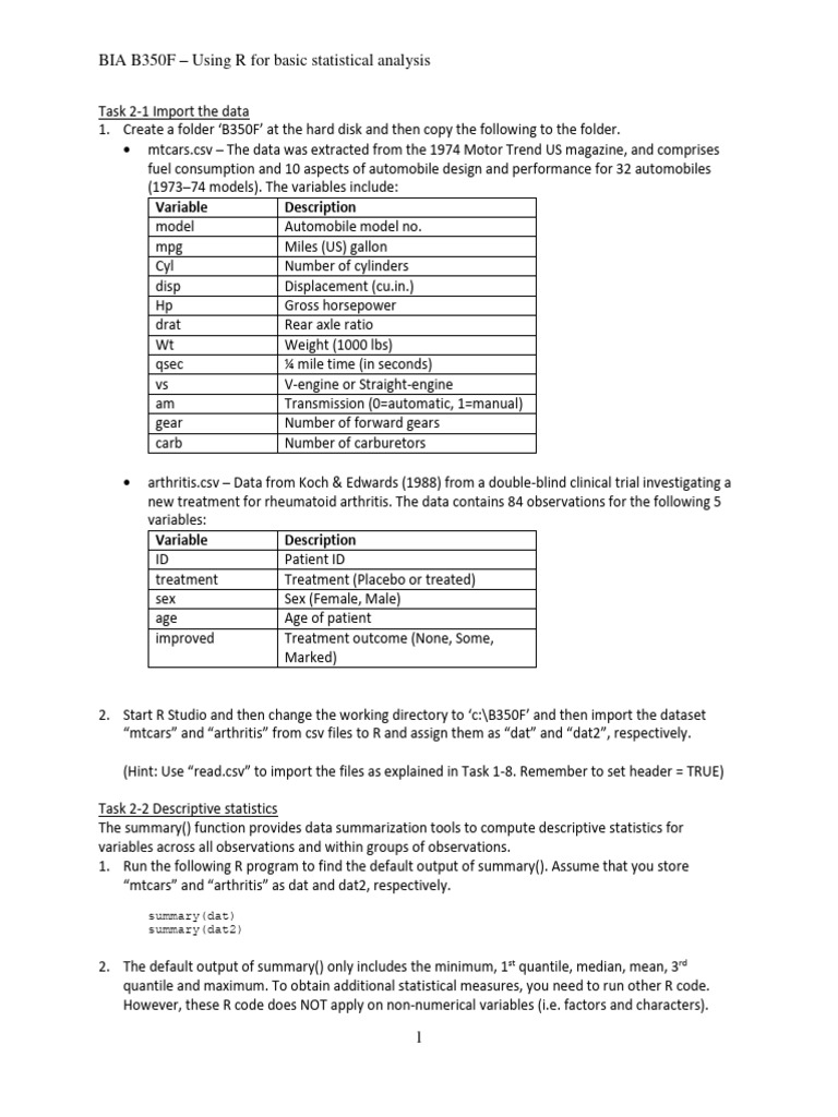 Using R For Basic Statistical Analysis | Download Free PDF | Statistics