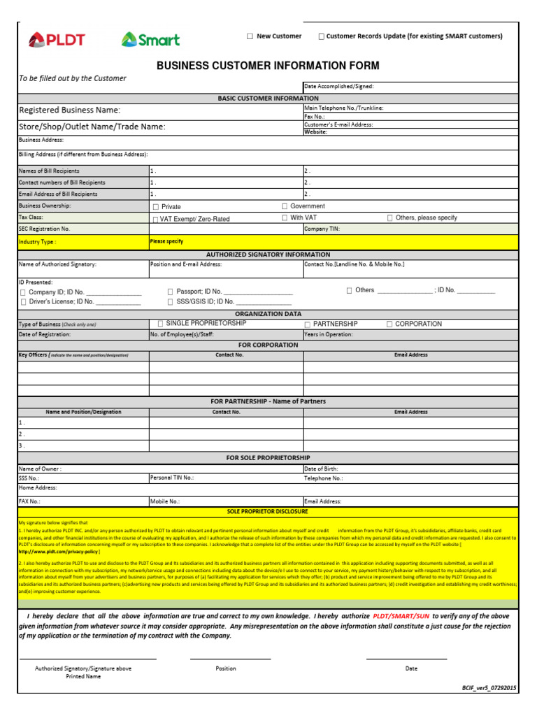 Business Customer Information Form | PDF | Sole Proprietorship | Business