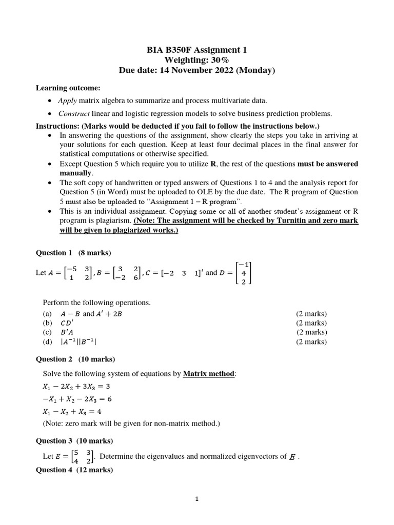 BIA B350F - 2022 Autumn - Assignment 1 | PDF | Regression Analysis | Linear Regression