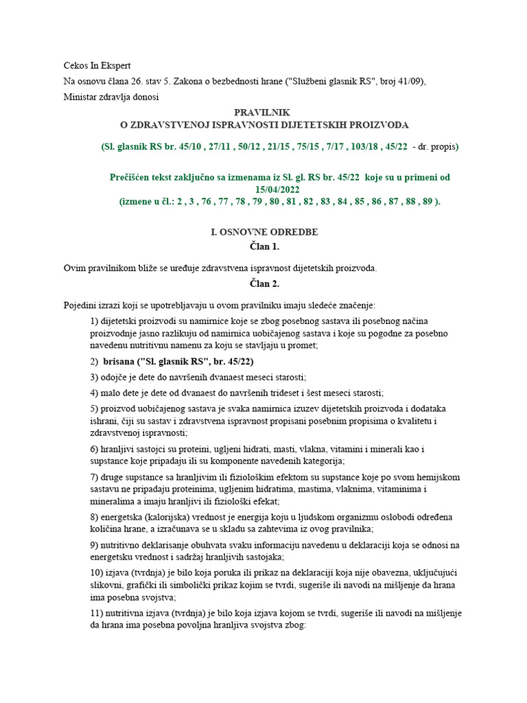 Pravilnik o Zdravstvenoj Ispravnosti Dijetetskih Proizvoda | PDF