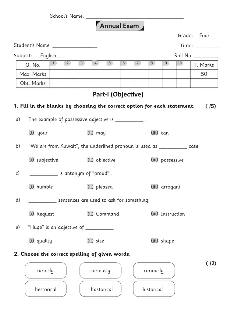 English Paper Class 4 (3rd Term) | PDF | English Language | Linguistic ...