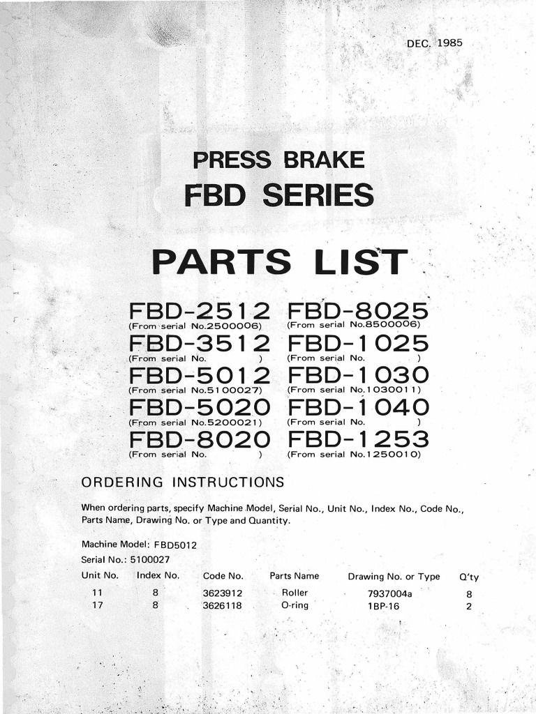 Press Brake FBD Series Parts List | PDF