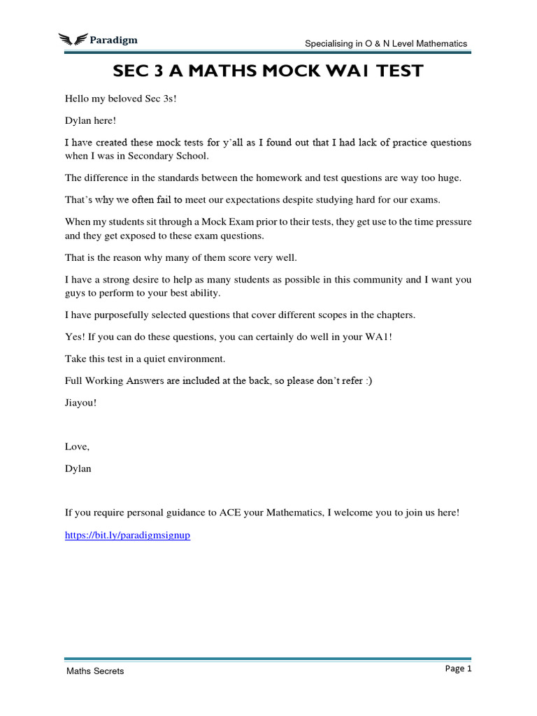 Sec 3 A Math WA1 Mock Exam 2023 | PDF | Quadratic Equation | Equations