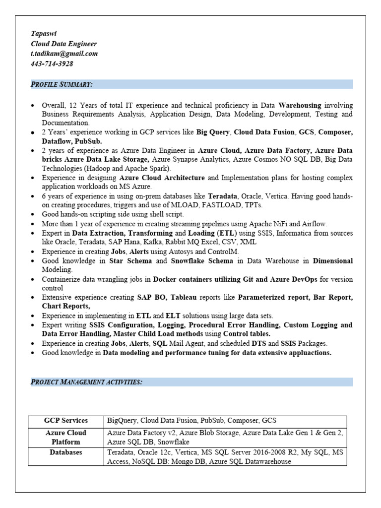 Tapasvi - Lead GCP Cloud Data Engineer | PDF | Microsoft Sql Server | Databases