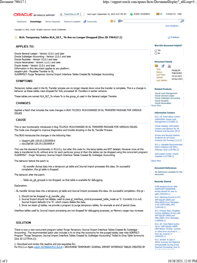 SLA Temporary Tables XLA - GLT - Are No Longer Dropped (Doc ID 796417.1) | PDF