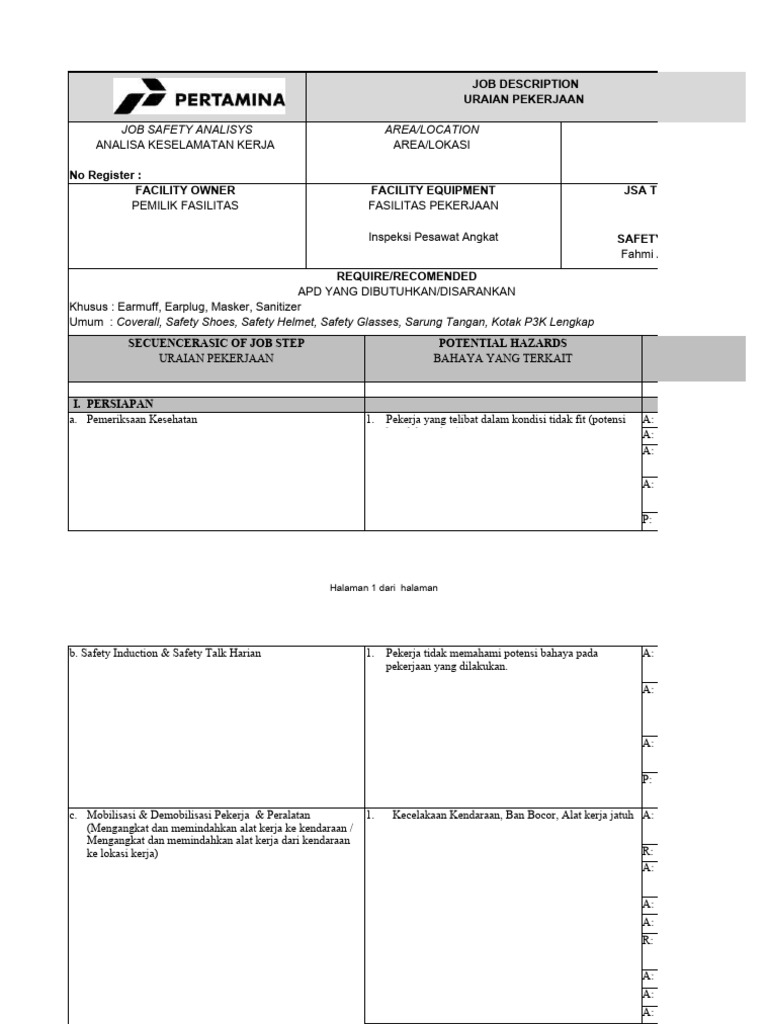 JSA Pertamina DPPU Husein Sastranegara Pesawat Angkat 2023 | PDF