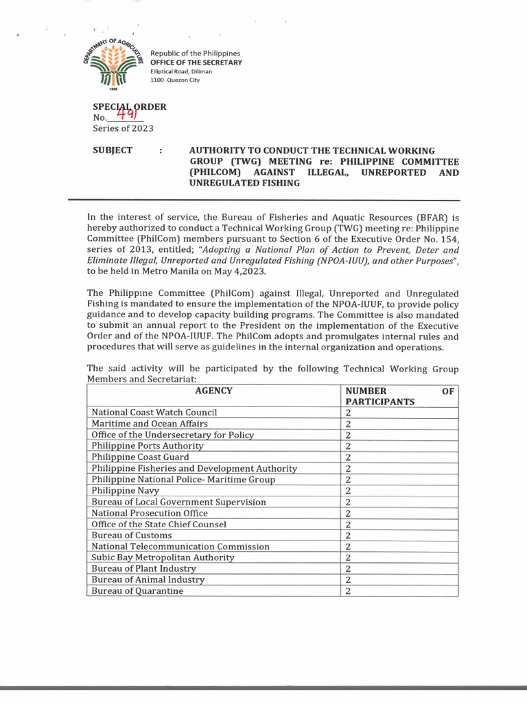 So 491-2023 Authority To Conduct The TWG Meeting Philcom Against Illegal Unreported and ...