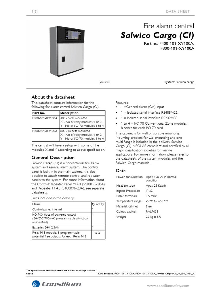 Salwico Cargo Fire Alarm Datasheet | PDF