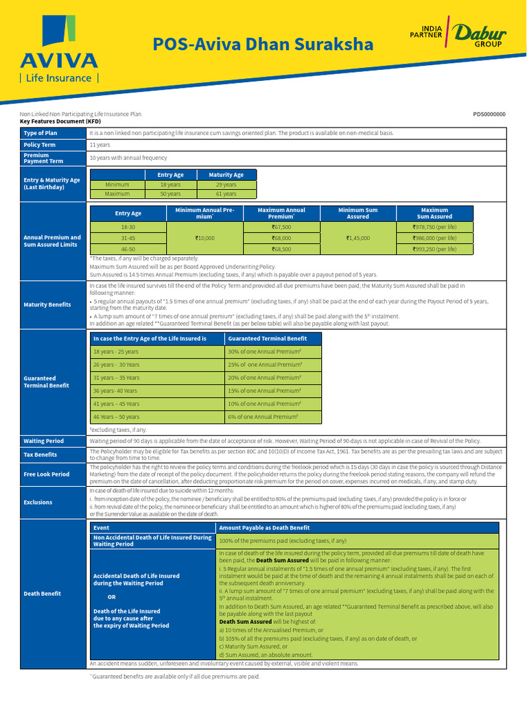 Aviva Dhan Suraksha Insurance Overview | PDF | Insurance | Life Insurance