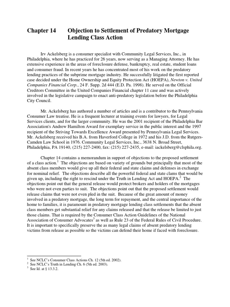 Objection To Settlement of Predatory Mortgage Lending Class Action ...
