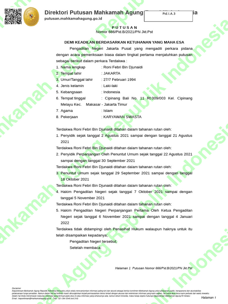 Putusan 666 Pid.b 2021 PN JKT - PST 20220421 | PDF