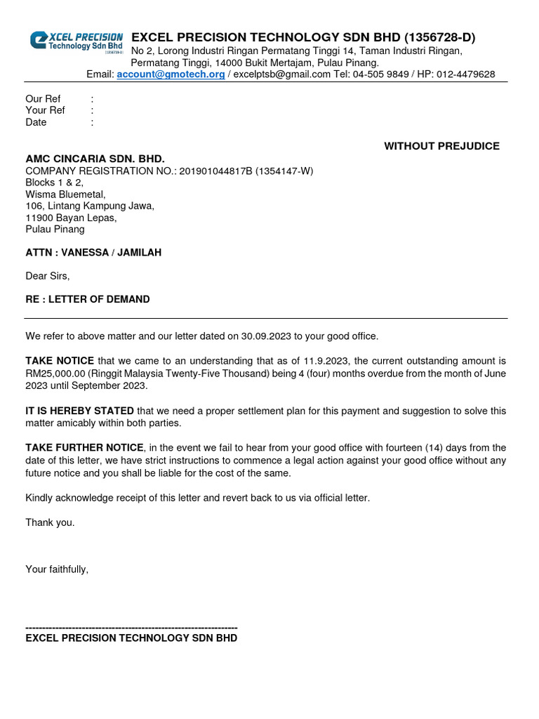 Letter Excel - AMC CINCARIA SDN. BHD. | PDF