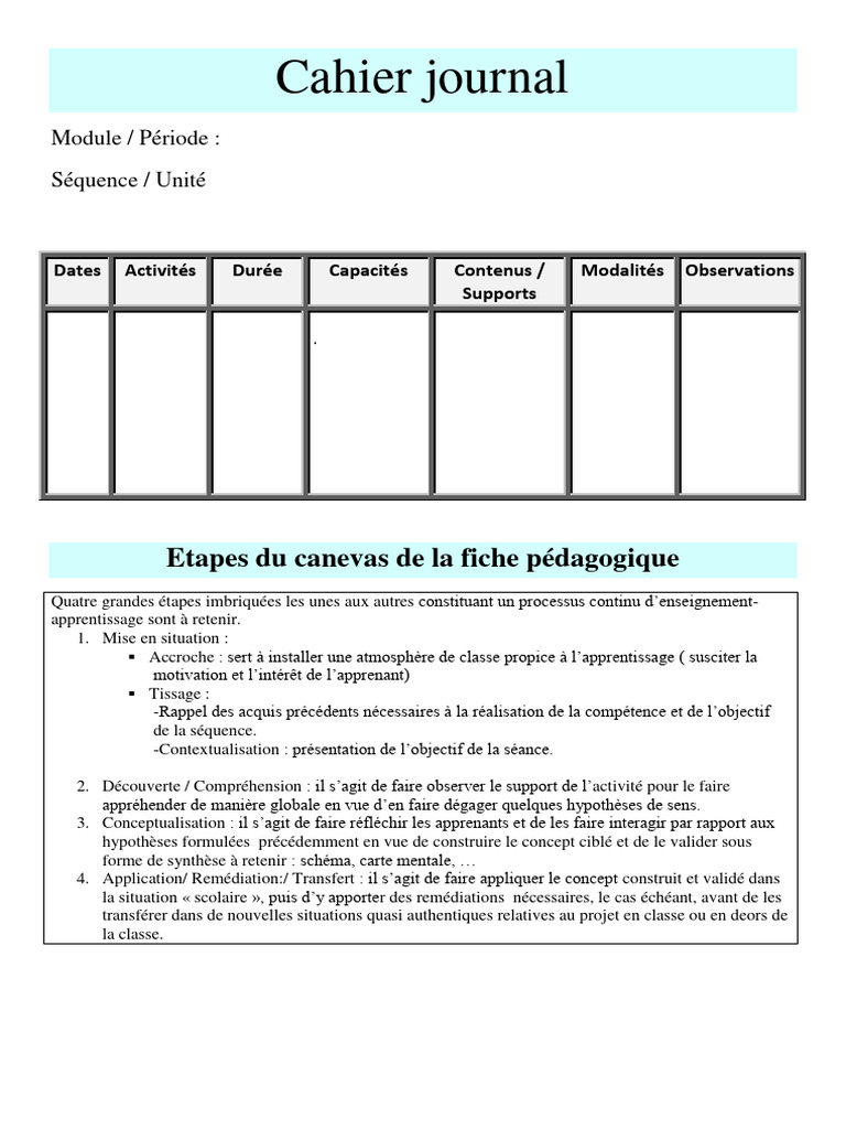 Cahier Journal Fiche Pédagogique | PDF