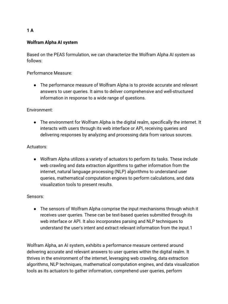 Based On The PEAS Formulation, We Can Characterize The Wolfram Alpha AI ...