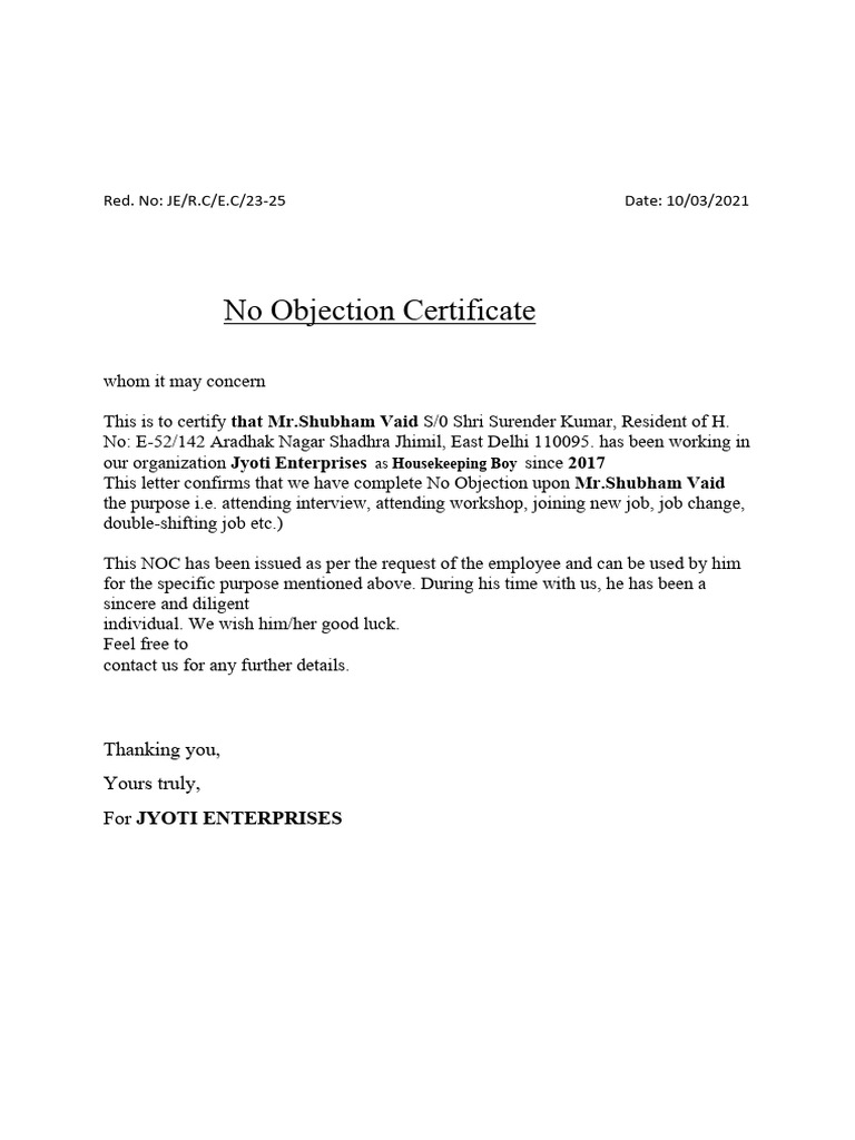 No Objection Certificate Shubham | PDF | Career & Growth