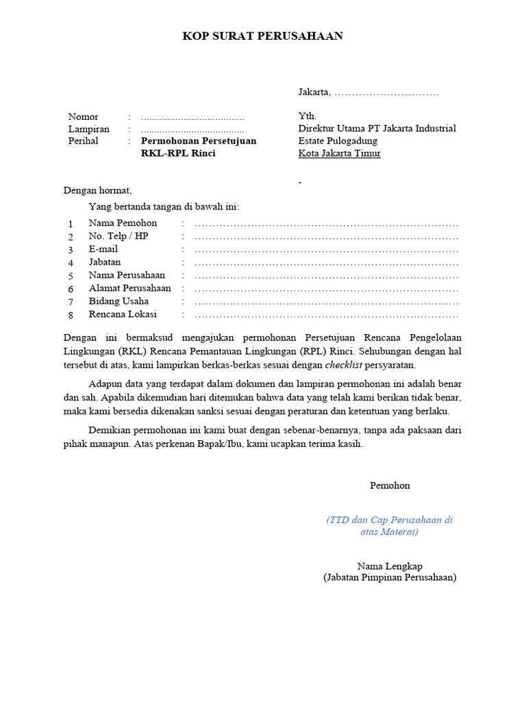 A1.2 Format Surat Permohonan Persetujuan RKL-RPL Rinci | PDF